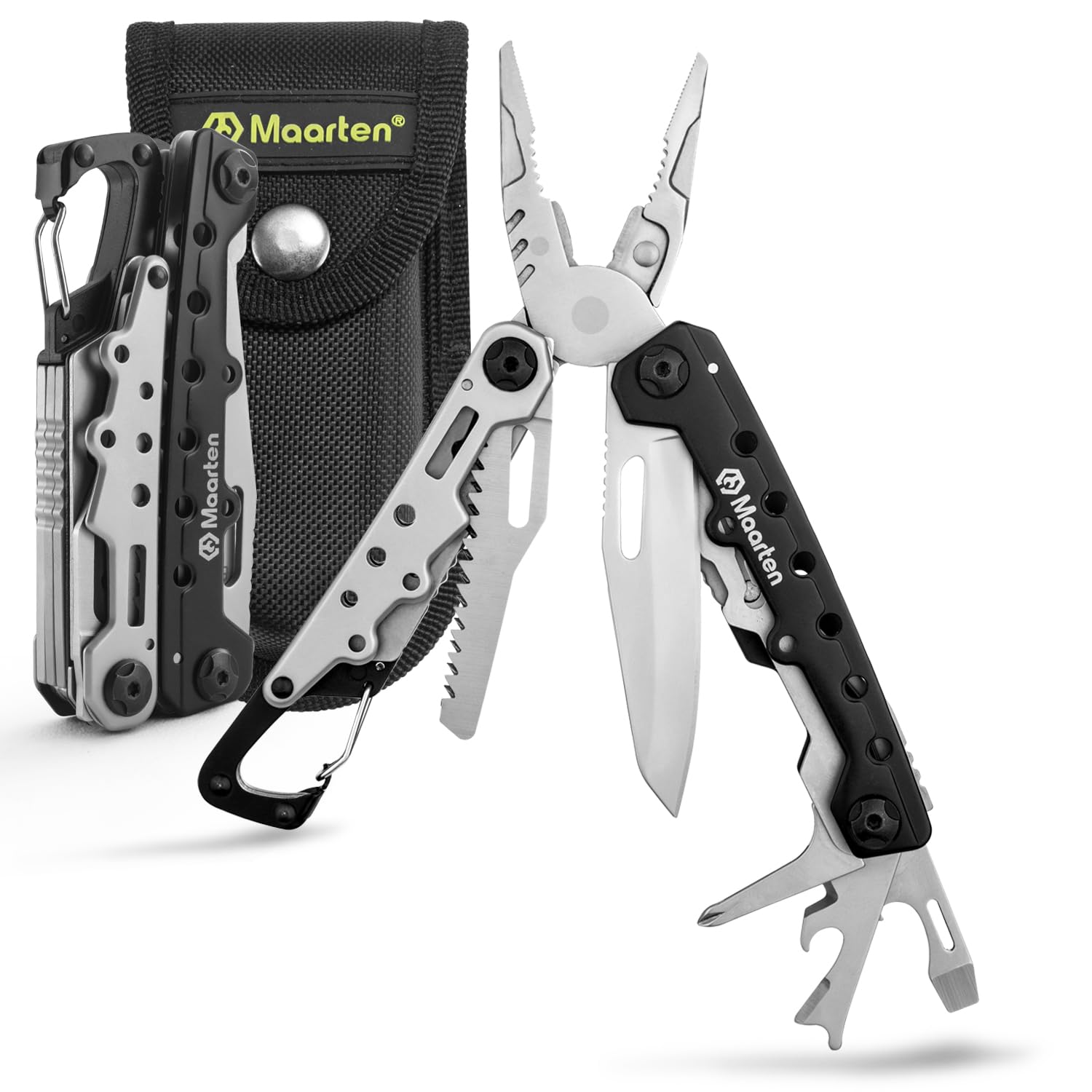 Maarten Multitool, 11 in 1 Hard Stainless Steel Multitool Pliers with Safety Locking, Camping Multi Tool Gifts for Men, Multi-pliers with Folding Saw, Bottle Opener, Screwdriver, Sickle, Nylon Sheath