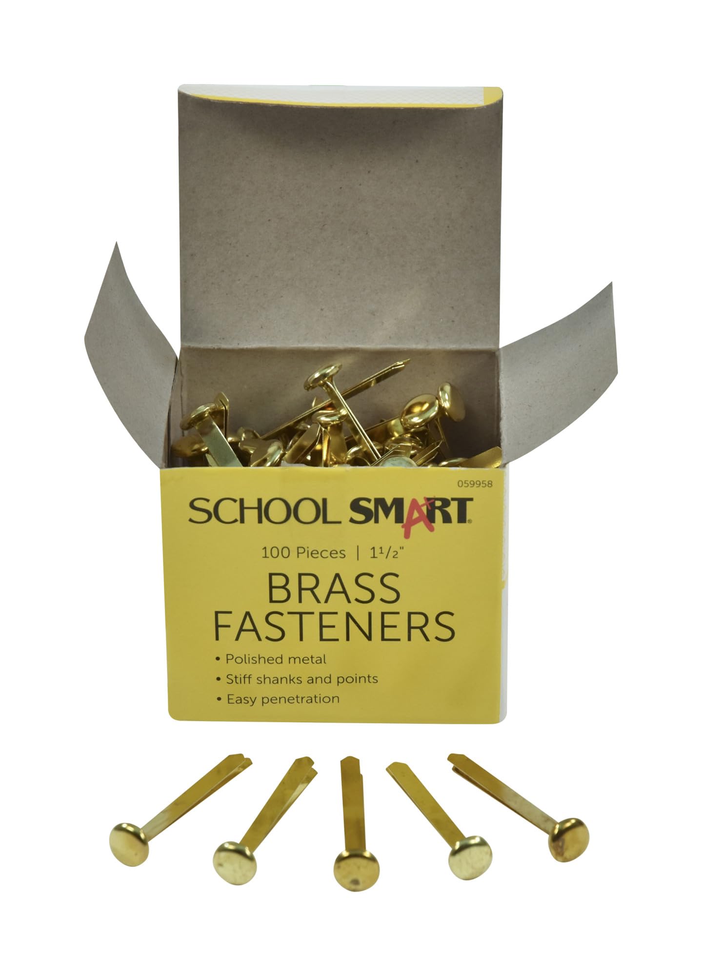 School Smart Brass Plated Fasteners - 1 1/2 inch - Box of 100