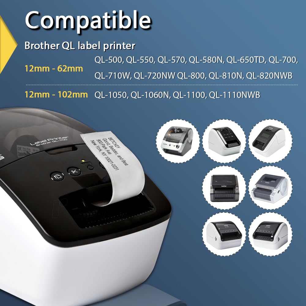 BETCKEY - Compatible Continuous Label Replacement for Brother DK-2205 (2-3/7" x 100'), Use with Brother QL Label Printers [10 Rolls/ + 2 Reusable Holder Frames]
