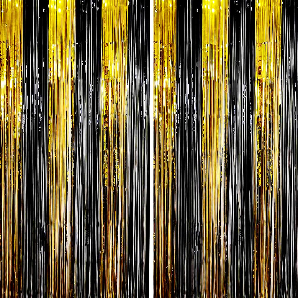 2 Pack 3.3 ft x 6.6 ft Gold and Black Metallic Foil Curtaion for Halloween Christmas Party Decorations Rain Curtains Background for Stage Decoration(Black Gold)
