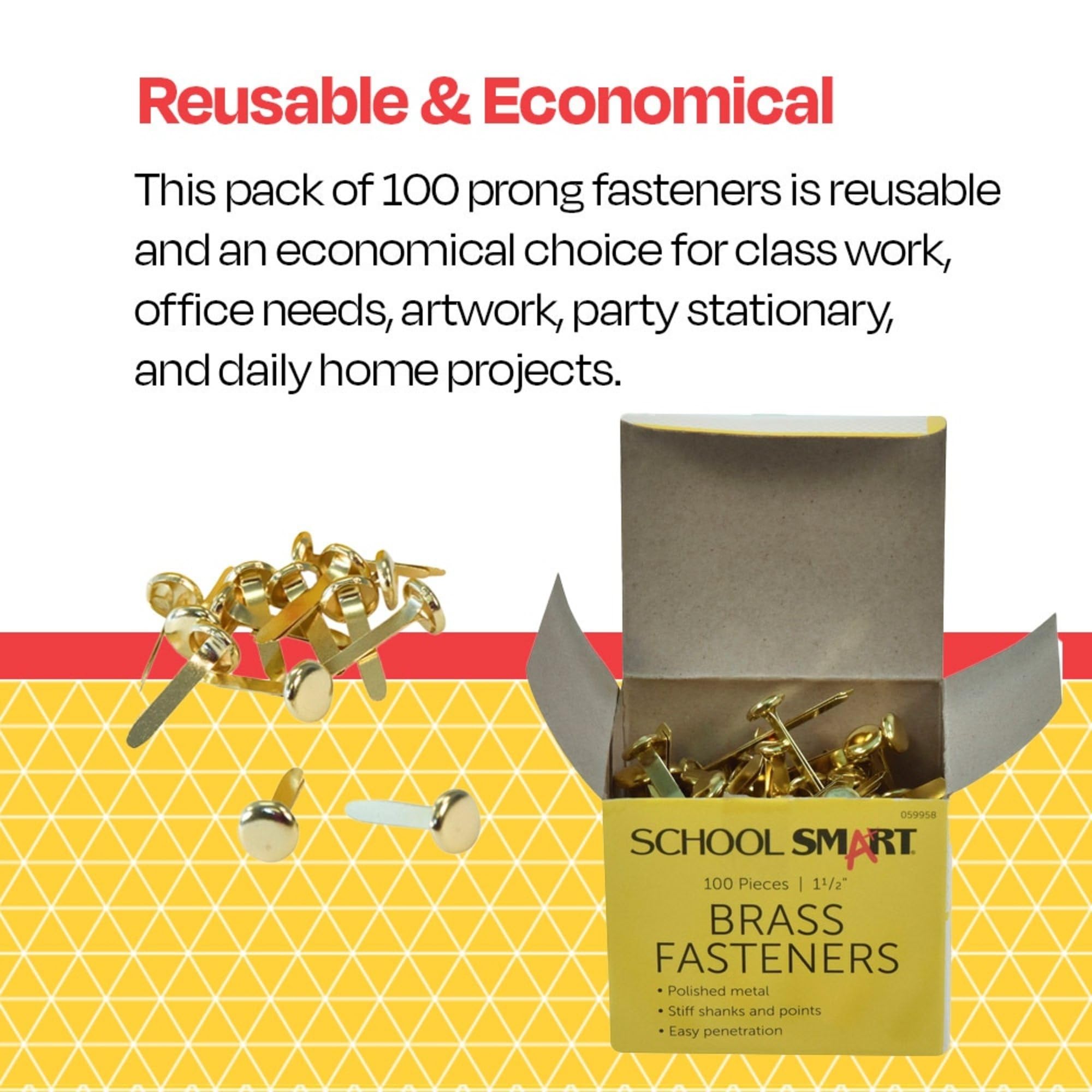 School Smart Brass Plated Fasteners - 1 1/2 inch - Box of 100
