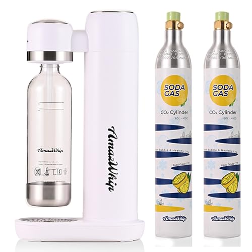 AmazWhip sparkling water maker, paired with CO2 gas canisters and 1L water bottles for Household soda water (White+ 2 canisters)