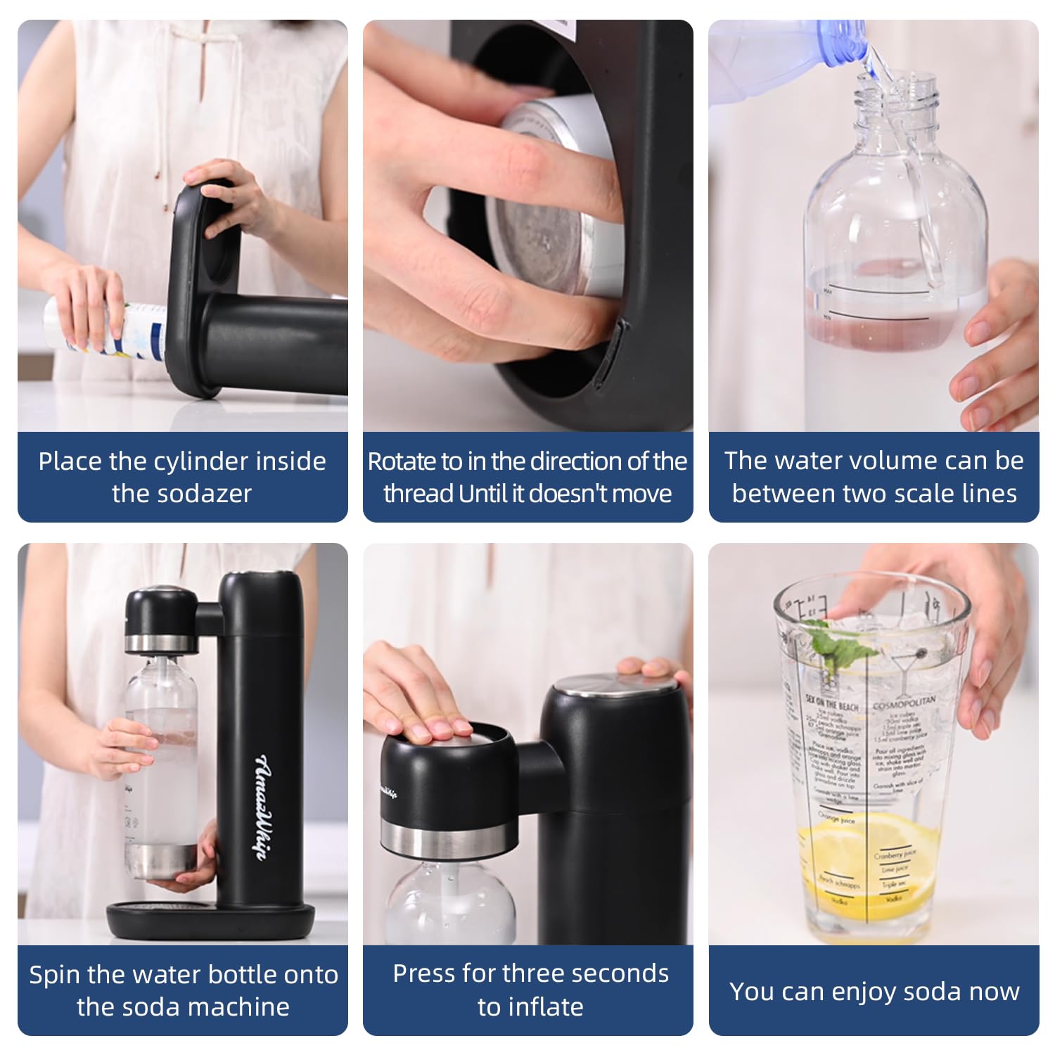 AmazWhip sparkling water maker, paired with CO2 gas canisters and 1L water bottles for Household soda water (Black+ 2 caniters)