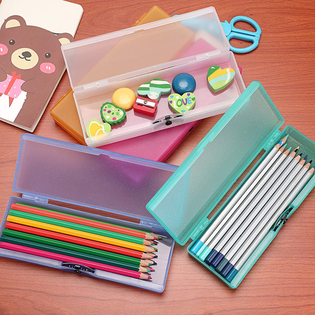 BTSKY 5 Pack Colorful Plastic Pencil Box Sketch Pencil Case Plastic Stationery Case with Snap Closure for Pencils, Pens, Drill Bits, Office Supplies