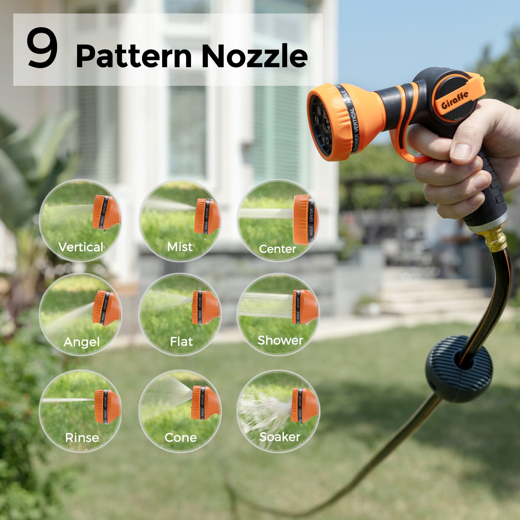 Giraffe Tools Retractable Hose Reel 5/8 inch x 90 ft Wall Mounted Water Hose Reel Heavy Duty with Automatic Rewind, 180 Deg Swivel Bracket, Any Length Lock, 9 Pattern Hose Nozzle Light Grey