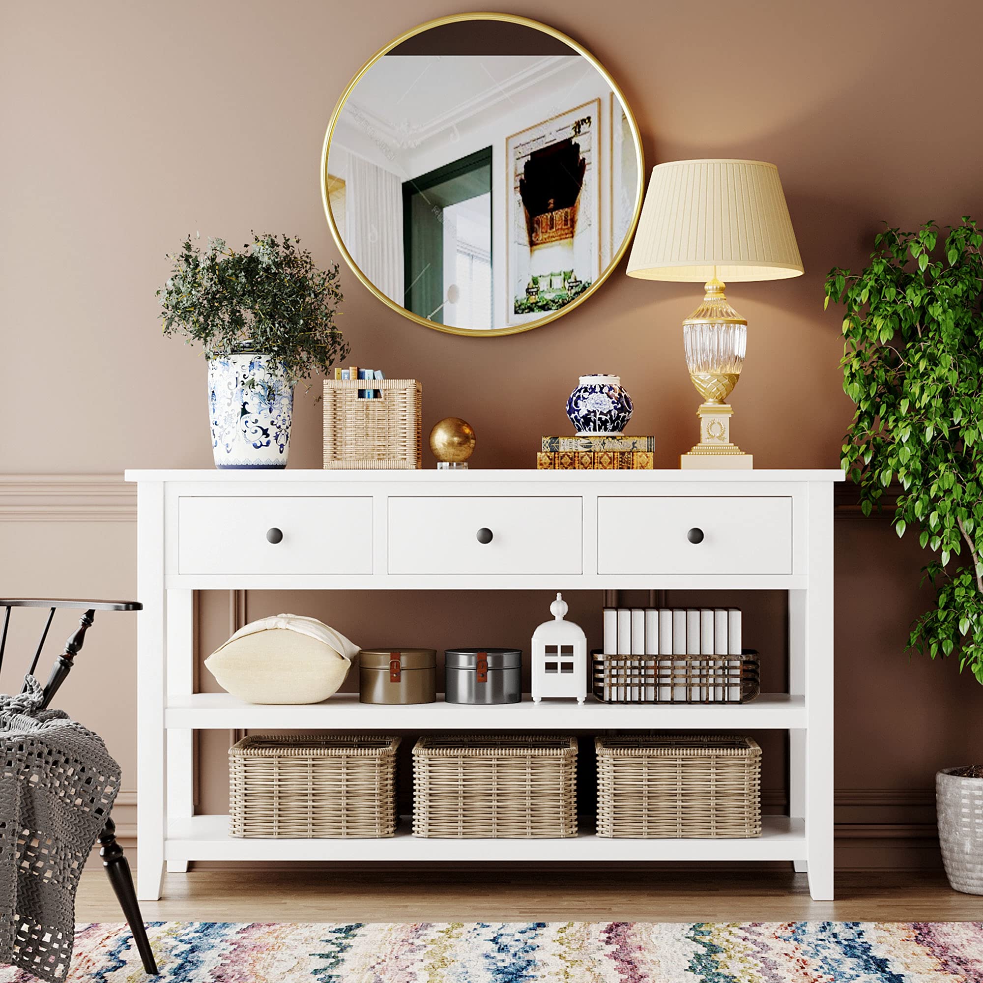 Lovcamp Console w/2 Drawers and Bottom Shelf,HallwayTable Table for Entryway Dining, Living Room, Home,Eassy to Assemble,Navy Blue, Antique White