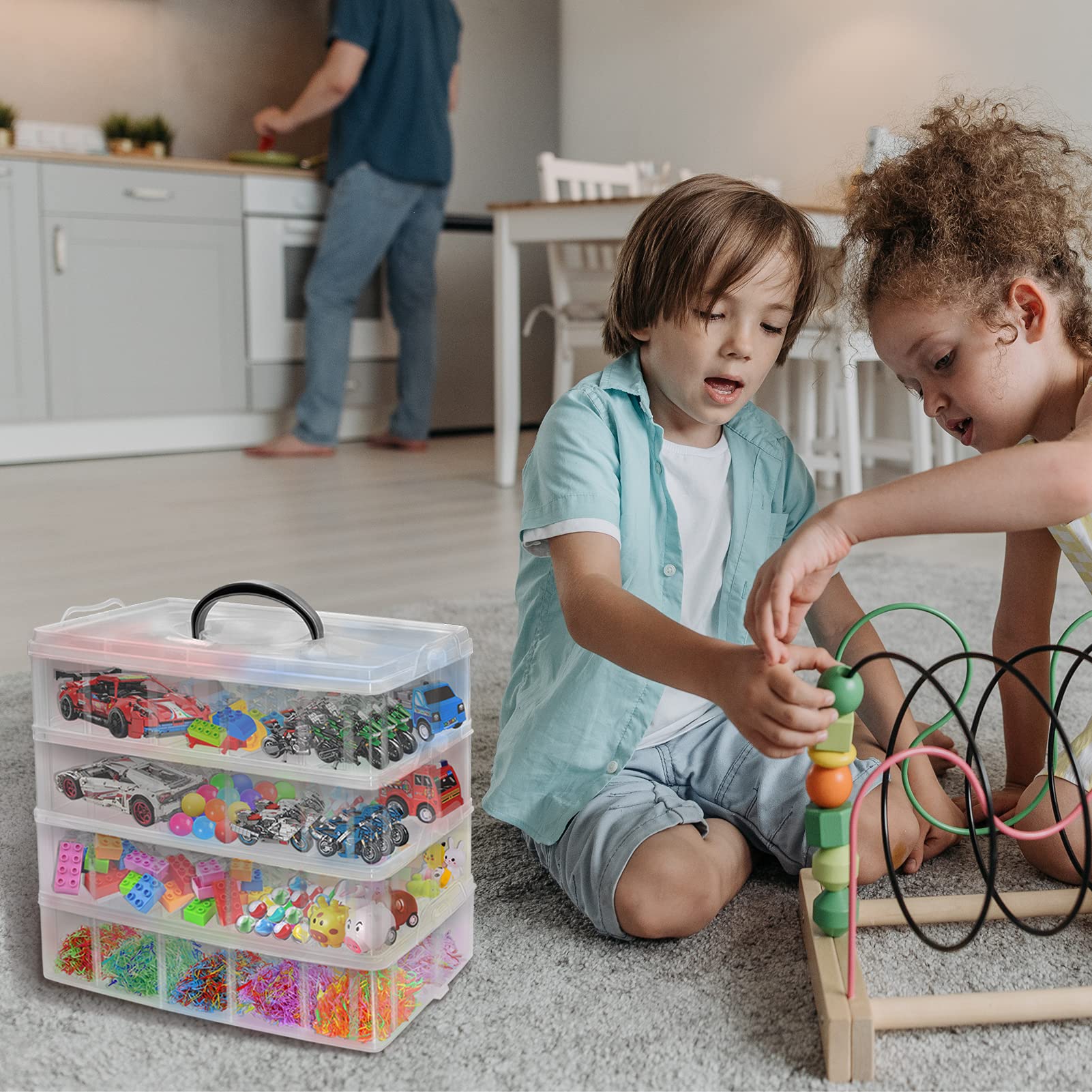 4-Tier Stackable Storage Container Box with 40 Adjustable Compartments, YOCOMEY Plastic Organizer Box Transparent Storage Case for Kids Toys, Art Crafts, Jewelry, Supplies, Fuse Beads, Washi Tapes