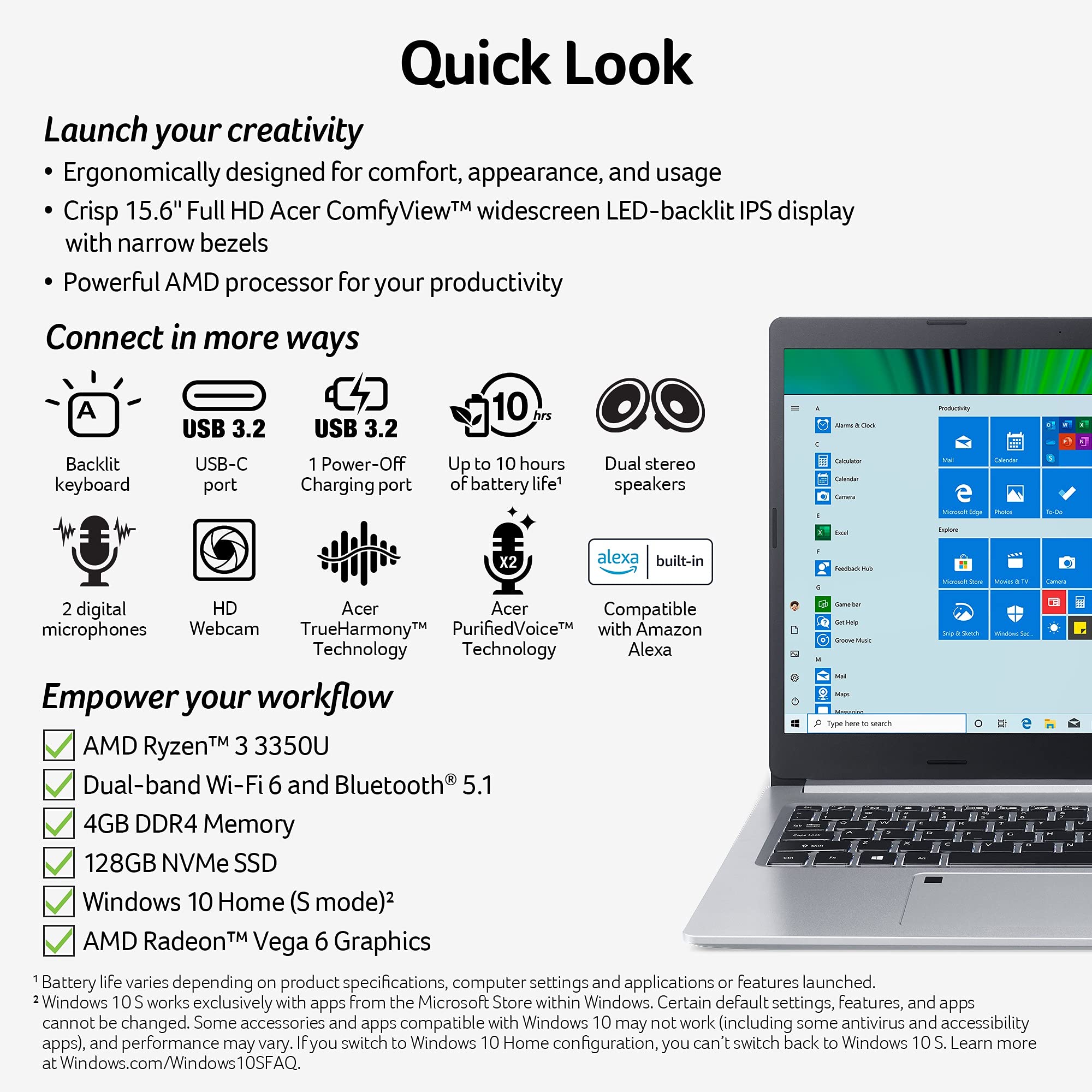 Acer Aspire 5 A515-46-R14K Slim Laptop | 15.6" Full HD IPS | AMD Ryzen 3 3350U Quad-Core Mobile Processor | 4GB DDR4 | 128GB NVMe SSD | WiFi 6 | Backlit KB | Amazon Alexa | Windows 10 Home (S mode)