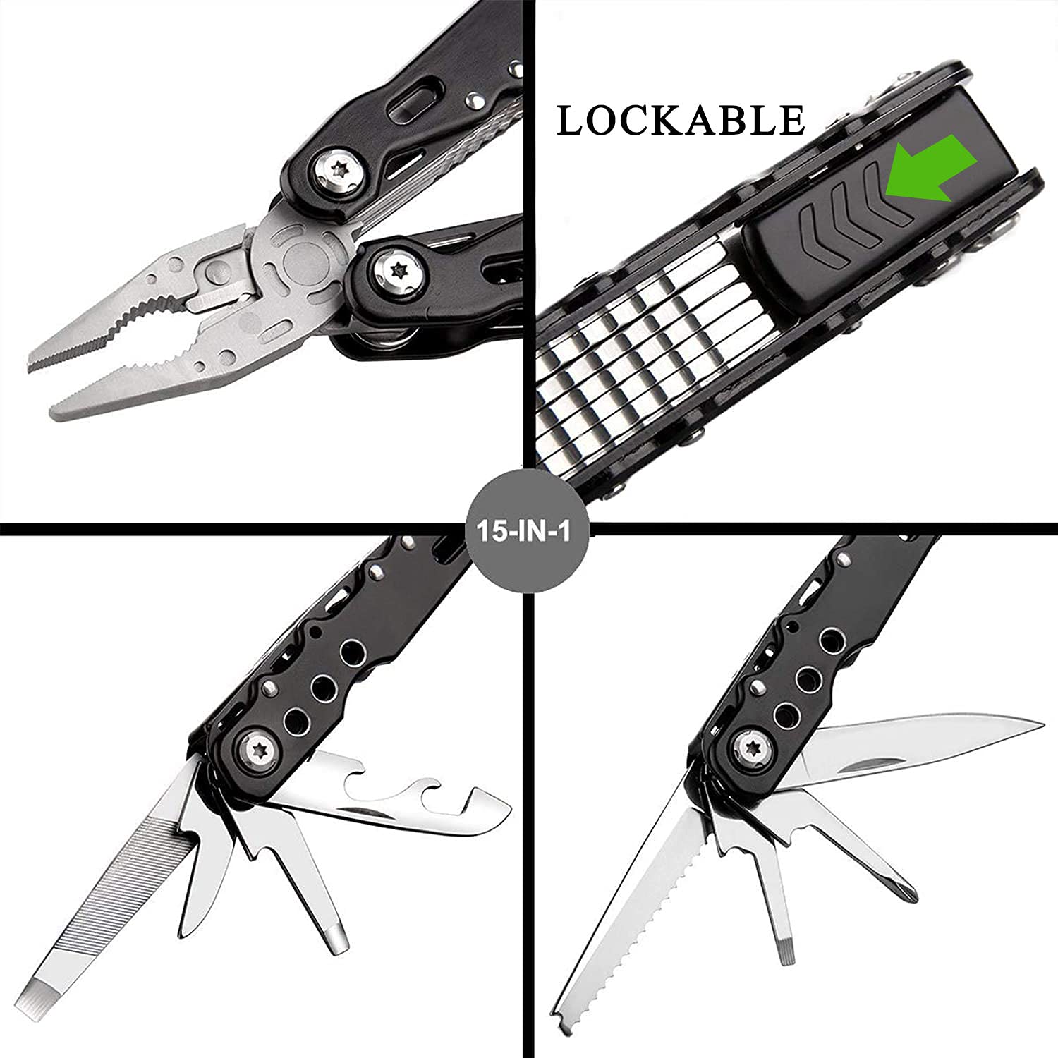 Multitool Knife for Men, Pliers Tools 15 in 1 Multi Tool with Safety Lock Screwdrivers Saw Bottle Opener Durable Sheath Perfect for Camping Survival Hiking