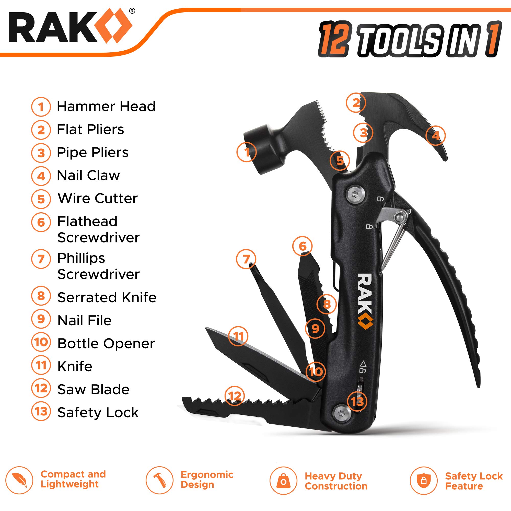 RAK Multitool Hammer - Valentine's Day Gifts For Men - Compact DIY Survival Multi Tool W/Screwdriver, Pliers, Bottle Key, Knife, Saw and More - Backpacking Gear & Camping Accessories