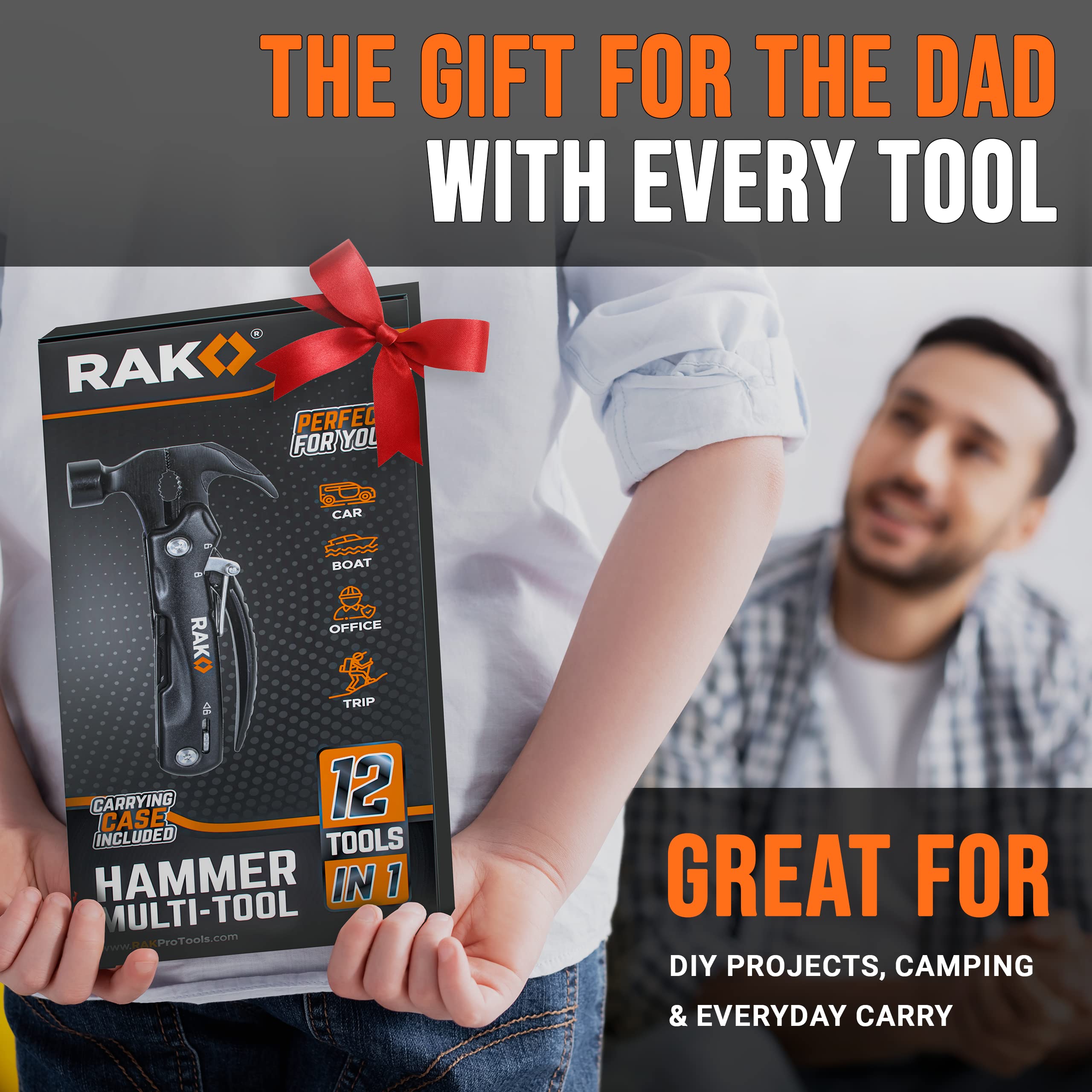 RAK Multitool Hammer - Valentine's Day Gifts For Men - Compact DIY Survival Multi Tool W/Screwdriver, Pliers, Bottle Key, Knife, Saw and More - Backpacking Gear & Camping Accessories