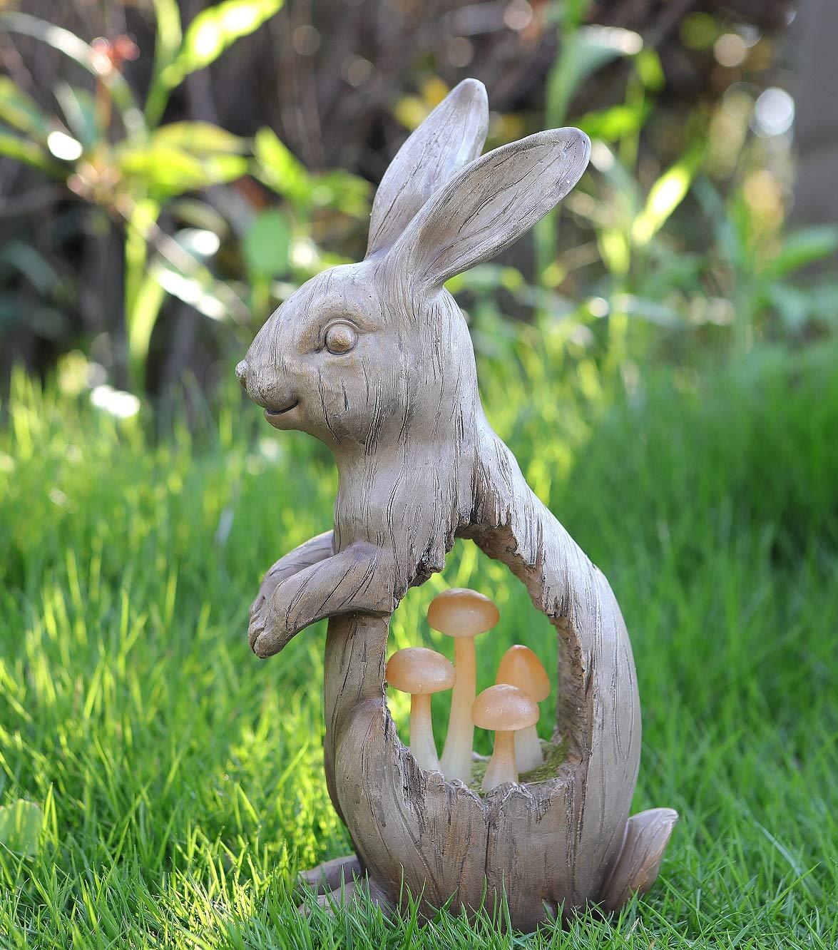 Joyathome Solar Garden Bunny Statues Rabbit with Mushroom Figurine, Solar Powered Resin Animal Sculpture Outdoor Lights for Patio Lawn,Yard ATR Garden Sculpture Decorations,11.7”H