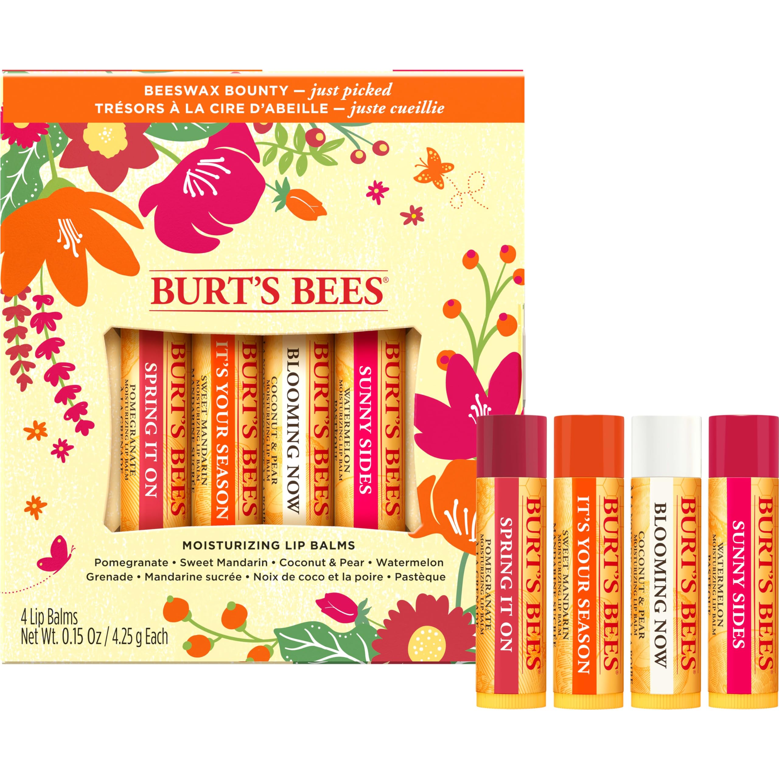 Burt's Bees Gifts, 4 Lip Balm Products, Just Picked Set - Pomegranate, Sweet Mandarin, Coconut Pear & Watermelon (4 Pack)