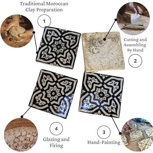 Painted Black White Ceramic Tile 4x4 - Moroccan Hand Painted Square Tile Zellige for Kitchen Backsplash, Outdoor/Indoor Tiles Bathroom or Shower Tile, Handmade Ceramic Traditional Tile (20 Tiles)