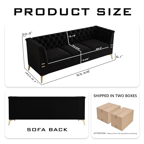 LaiBiKe Mid Century Velvet Couches 83" 2 Seater Living Room Sofa Comfortable Black Couch Solid Wood Frame Metal Legs for Guest Room Playroom Bedroom(03-Black-83)