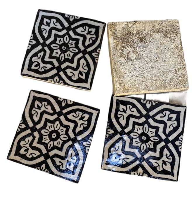 Painted Black White Ceramic Tile 4x4 - Moroccan Hand Painted Square Tile Zellige for Kitchen Backsplash, Outdoor/Indoor Tiles Bathroom or Shower Tile, Handmade Ceramic Traditional Tile (20 Tiles)