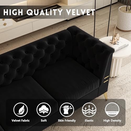 LaiBiKe Mid Century Velvet Couches 83" 2 Seater Living Room Sofa Comfortable Black Couch Solid Wood Frame Metal Legs for Guest Room Playroom Bedroom(03-Black-83)