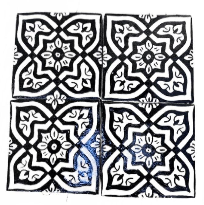 Painted Black White Ceramic Tile 4x4 - Moroccan Hand Painted Square Tile Zellige for Kitchen Backsplash, Outdoor/Indoor Tiles Bathroom or Shower Tile, Handmade Ceramic Traditional Tile (20 Tiles)