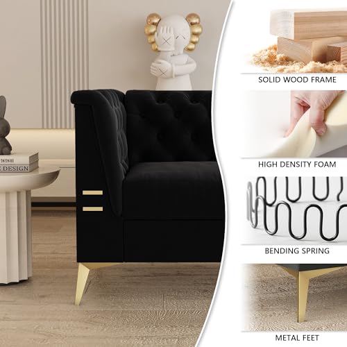 LaiBiKe Mid Century Velvet Couches 83" 2 Seater Living Room Sofa Comfortable Black Couch Solid Wood Frame Metal Legs for Guest Room Playroom Bedroom(03-Black-83)