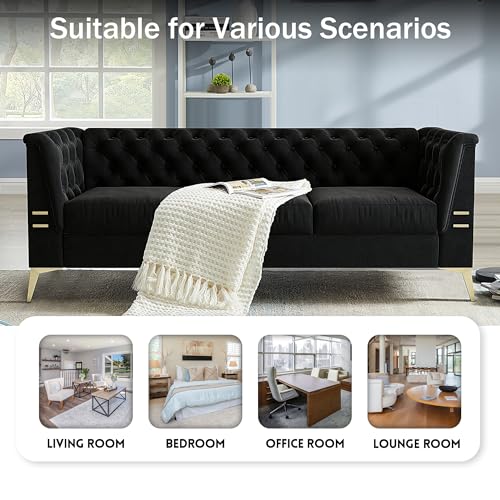 LaiBiKe Mid Century Velvet Couches 83" 2 Seater Living Room Sofa Comfortable Black Couch Solid Wood Frame Metal Legs for Guest Room Playroom Bedroom(03-Black-83)