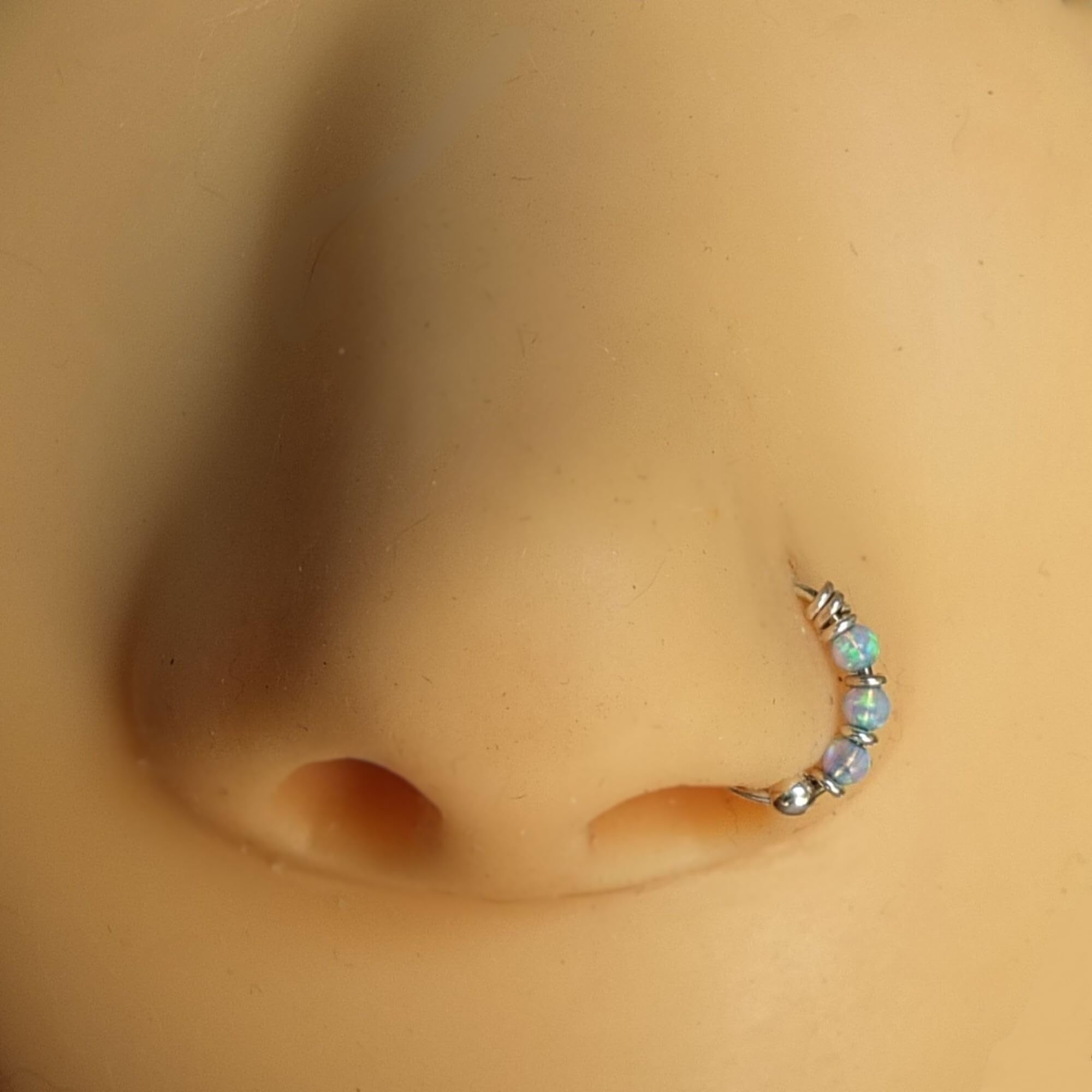 Handmade Silver Single Teany Tiny 8MM Nose Ring Cartilgae Helix Piercing Hoop Earring with Trio Blue Opal, 925 Sterling Silver 8MM Thin 22Gauge Hoop for women, By Miya Jewelry Creations