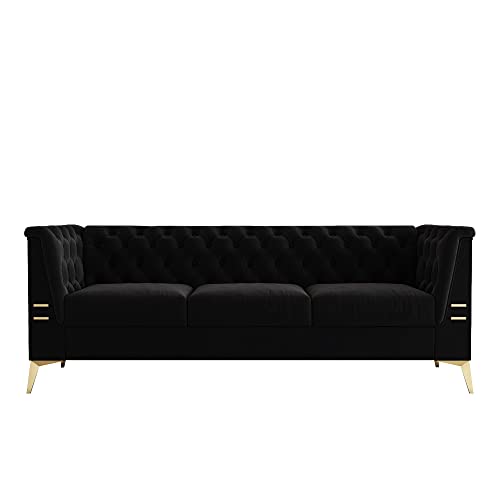 LaiBiKe Mid Century Velvet Couches 83" 2 Seater Living Room Sofa Comfortable Black Couch Solid Wood Frame Metal Legs for Guest Room Playroom Bedroom(03-Black-83)
