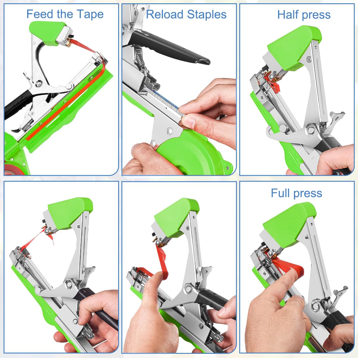 FUNTECK Plant Tying Machine for Grapes, Raspberries, Tomatoes and Vining Vegetables, Comes with Tapes, Staples and Two Replacement Blades,Green
