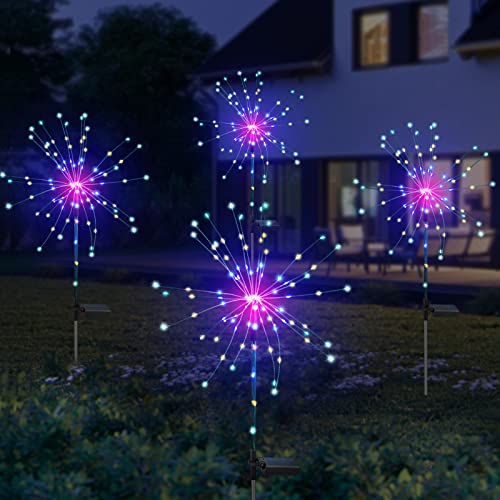 4 Pack Solar Firework Lights Outdoor Waterproof Decorative Solar Garden Lights with 2 Modes,124 LED Fireworks Light Copper Wire Light Colorful String Lights for Yard Pathway Party Christmas Decor