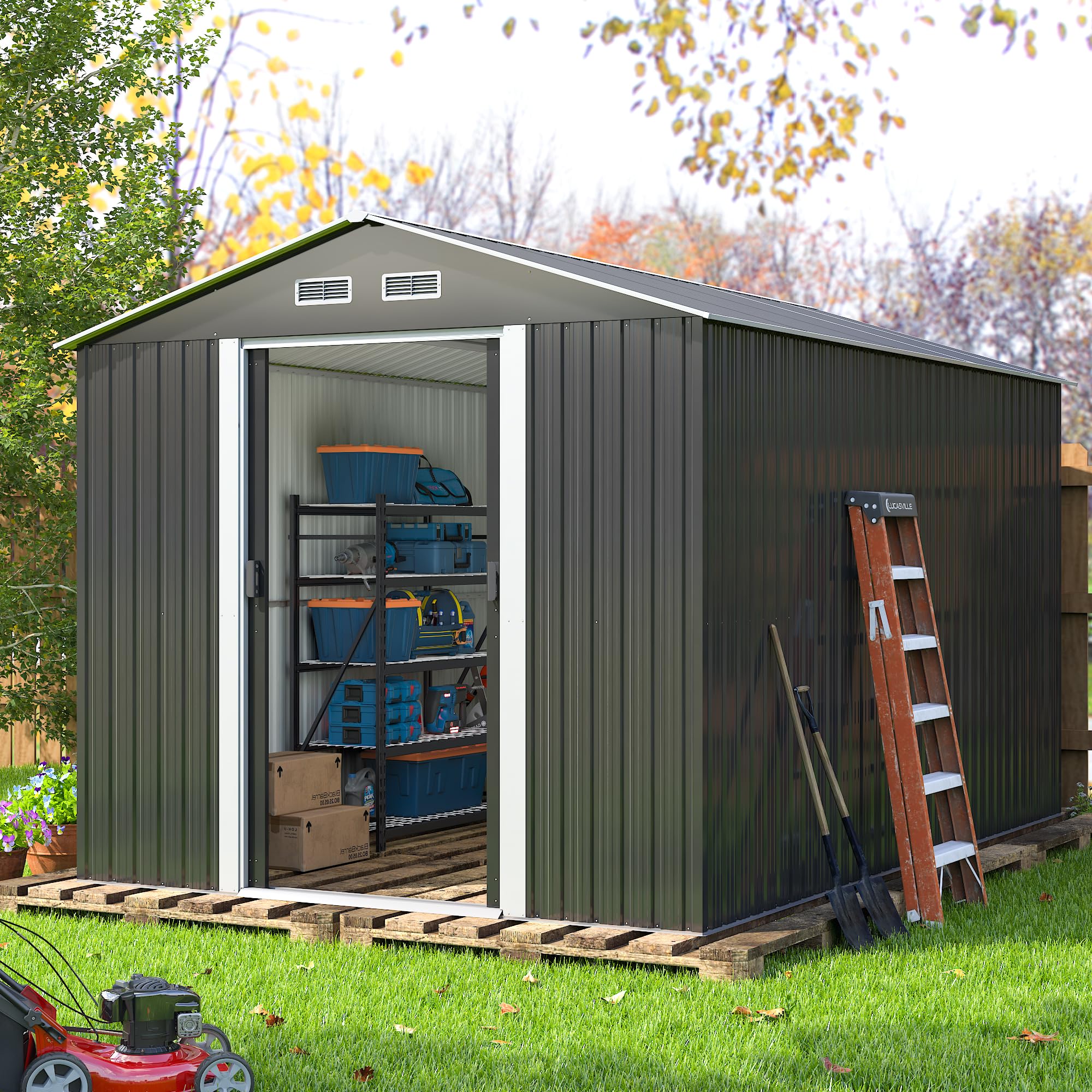 JAXPETY 8x12 FT Outdoor Storage Large Shed, Galvanized Metal Shed for Garden Patio Lawn Backyard, Garden House with Lockable Double Doors and Four Vents, Gray