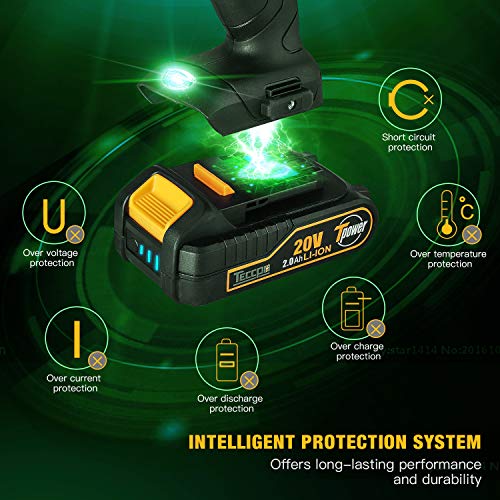 TECCPO 20V MAX 2.0 Ah Lithium Ion Battery Pack, Rechargeable Replacement Battery, for All 20V TECCPO & POPOMAN Cordless Power Tools