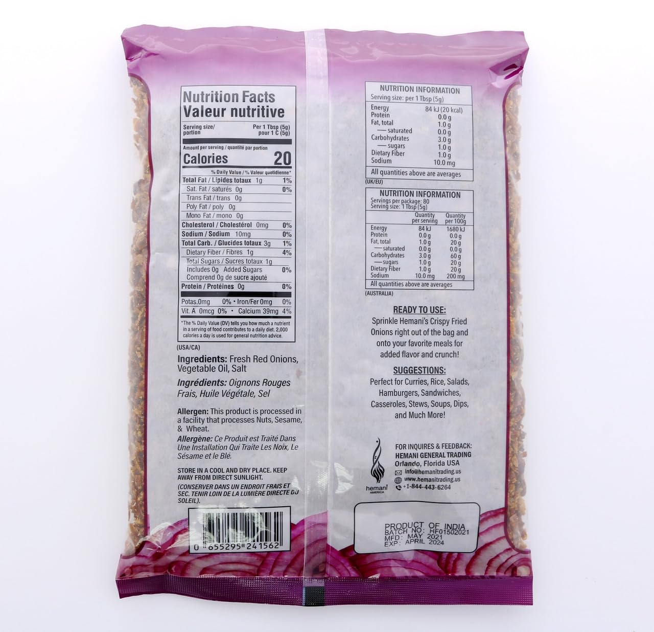 HEMANI Crispy Red Fried Onions 14.1 OZ (400g) - MSG Free French Fried Onions - Made with Real Red Onions - Perfect Crispy Onions for Cooking and Salad Topping