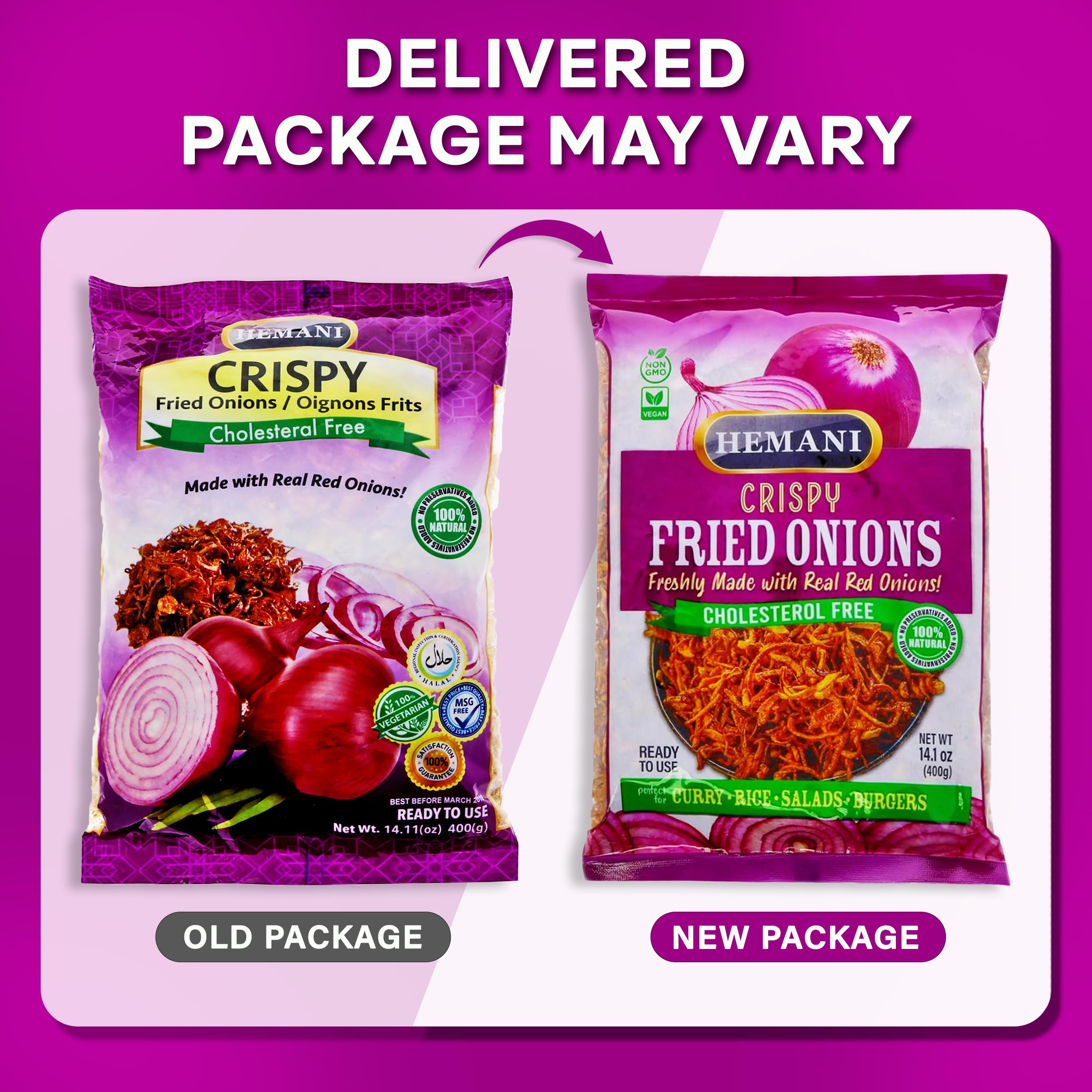 HEMANI Crispy Red Fried Onions 14.1 OZ (400g) - MSG Free French Fried Onions - Made with Real Red Onions - Perfect Crispy Onions for Cooking and Salad Topping