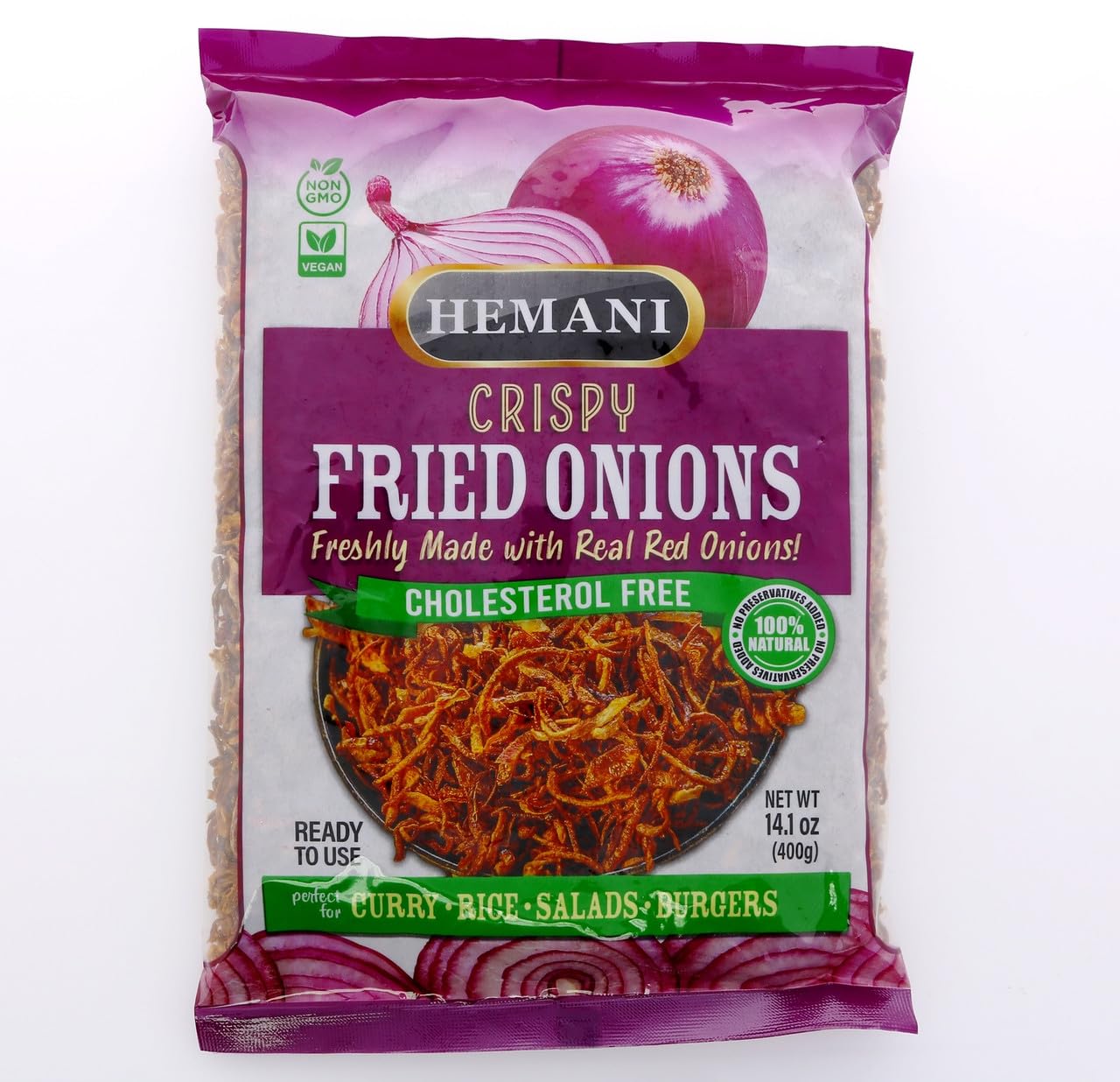HEMANI Crispy Red Fried Onions 14.1 OZ (400g) - MSG Free French Fried Onions - Made with Real Red Onions - Perfect Crispy Onions for Cooking and Salad Topping
