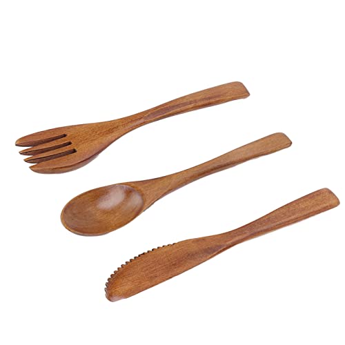 3 Pcs Wooden Knife Fork Spoon Set Heat Resistant Reusable Straight Handle Stylish Wooden Dinner Utensil Kit Durable Kitchen Utensil for Home Use