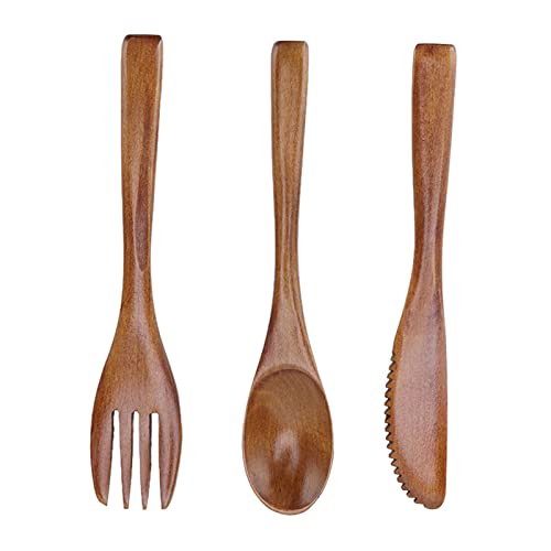 3 Pcs Wooden Knife Fork Spoon Set Heat Resistant Reusable Straight Handle Stylish Wooden Dinner Utensil Kit Durable Kitchen Utensil for Home Use