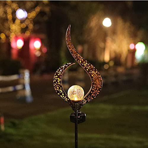 HDNICEZM Garden Solar Light Outdoor Decorative, Flame Crackle Glass Globe Stake Metal Lights，Waterproof Warm White LED for Pathway, Lawn, Patio, Yard.