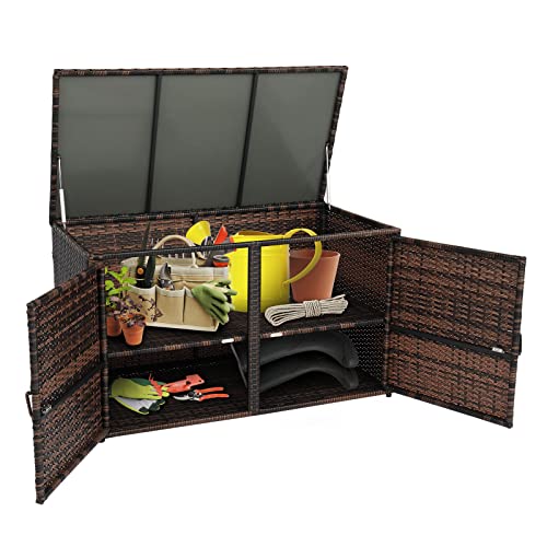 VINGLI 88 Gallon Outdoor Rattan Deck Box w/Openable Doors, Patio Wicker Storage Box for Tools and Toys Storage, Garden Deck Storage Bin for Garden, Balcony, Porch, Pool, Yard (Brown)