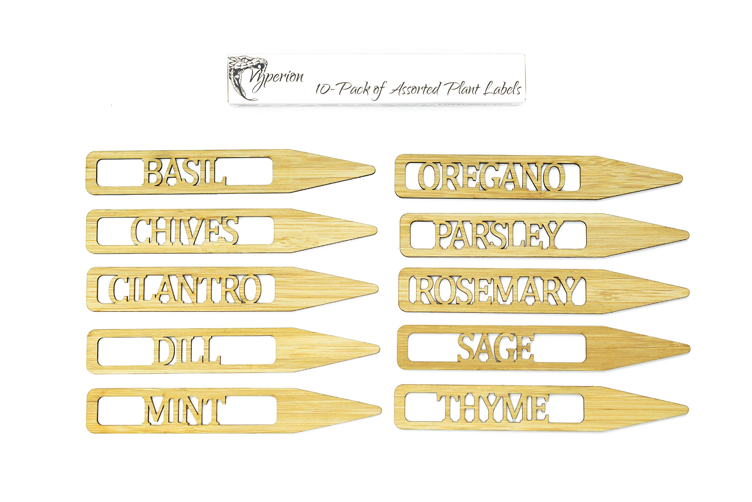 Vyperion Herb Garden Plant Labels | Weatherproof Laser Cut (6" x 1") Bamboo Plywood Stakes | Reusable Indoor & Outdoor Greenhouse Markers, Tags & Signs for Plants, Pots & Gardens
