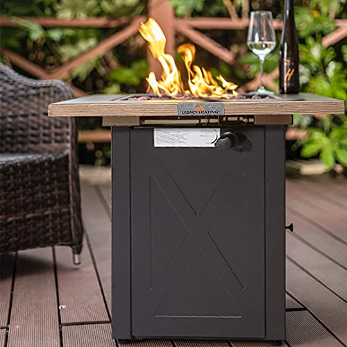 LEGACY HEATING 28 Inch Outdoor Gas Square 50000 BTU Fire Pit Table with Lid, Bionic Wood Grain Propane fire pits Tables for Outside Backyard Garden Camping Party