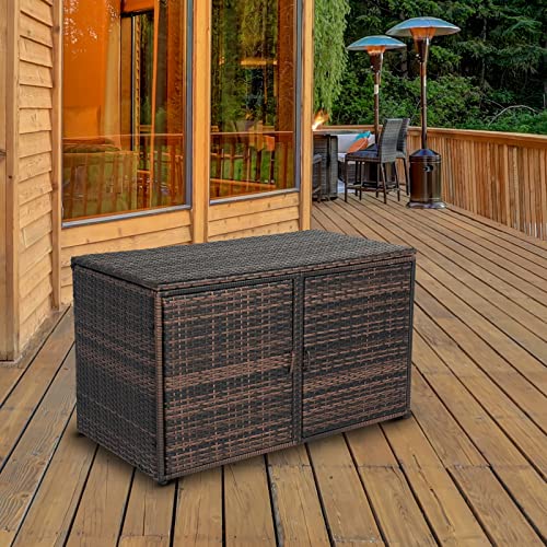 VINGLI 88 Gallon Outdoor Rattan Deck Box w/Openable Doors, Patio Wicker Storage Box for Tools and Toys Storage, Garden Deck Storage Bin for Garden, Balcony, Porch, Pool, Yard (Brown)
