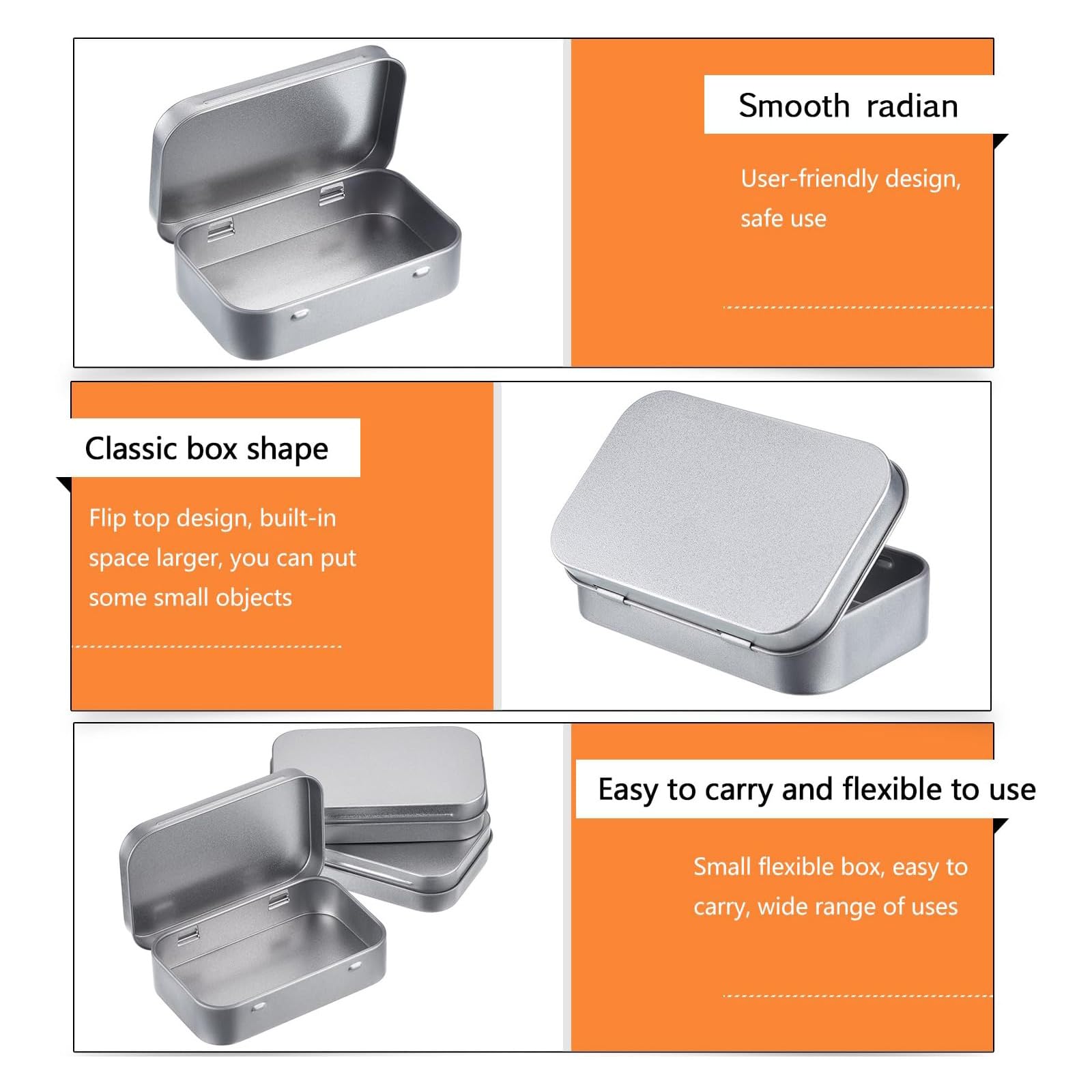 3 Pack 3.75 by 2.45 by 0.8 Inch Silver Metal Rectangular Empty Hinged Tins Box Containers with Lids Mini Portable Box Small Storage Kit, Home Organizer