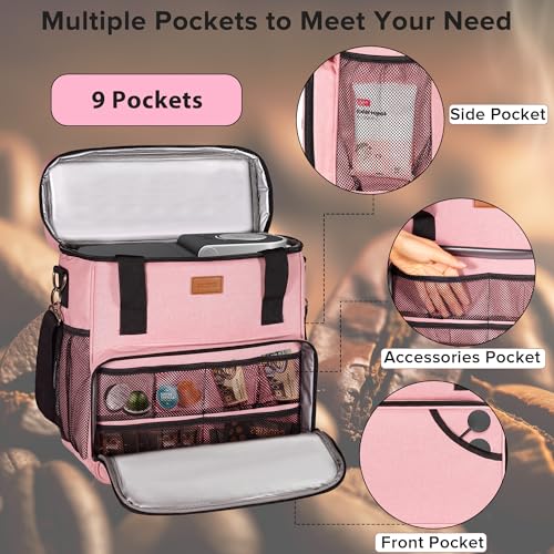 IAVEYG Coffee Maker Travel Bag Compatible with Keurig K-Mini or K-Mini Plus,Single Serve Coffee Brewer Portable Storage Bag with Multiple Pockets for K-Cup Pods,Storage Bag With Shoulder Strap (Pink)