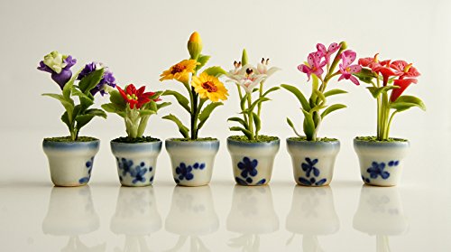 6 Miniatures Flower Garden Artificial Clay Pots Size s Scale 1:12