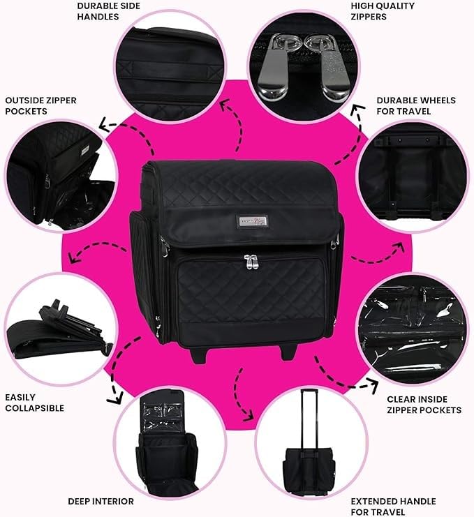 Everything Mary Deluxe Rolling Papercraft Craft Case, Black Quilted - Scrapbook Tote Bag w/Wheels for Scrapbooking & Art - Travel Organizer Storage for IRIS Boxes - for Teachers & Medical