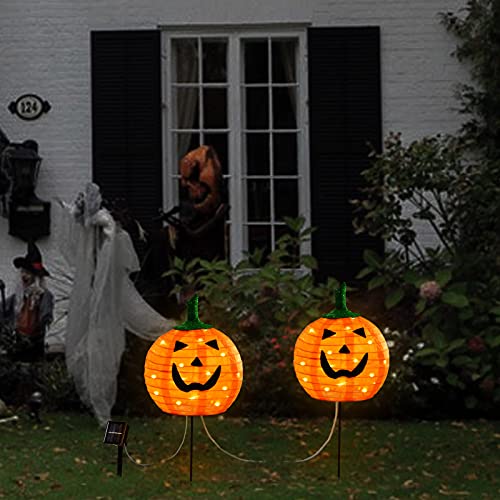 PLTCAT Solar Halloween Pumpkin LED Lights, Set of 2 Pumpkin Stake Lights 2 Modes for Outdoor Halloween Pathway Yard Garden Decoration