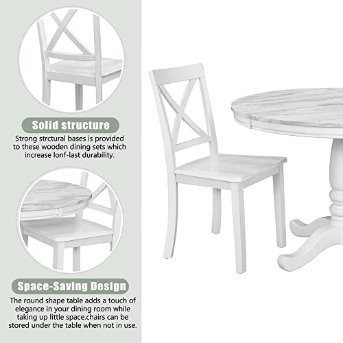 Dinehome 5-Piece Kitchen Room Solid Wood Round Dining Table and Chairs Set for 4, White