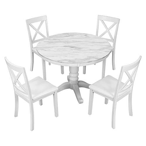 Dinehome 5-Piece Kitchen Room Solid Wood Round Dining Table and Chairs Set for 4, White