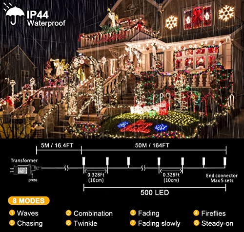 kemooie 500 LED Christmas Lights, 164FT 8 Lighting Modes Plug in Waterproof LED String Lights for Outdoor Christmas Tree Birthday Christmas Wedding Party Garden Balcony Decorations (Warm White)