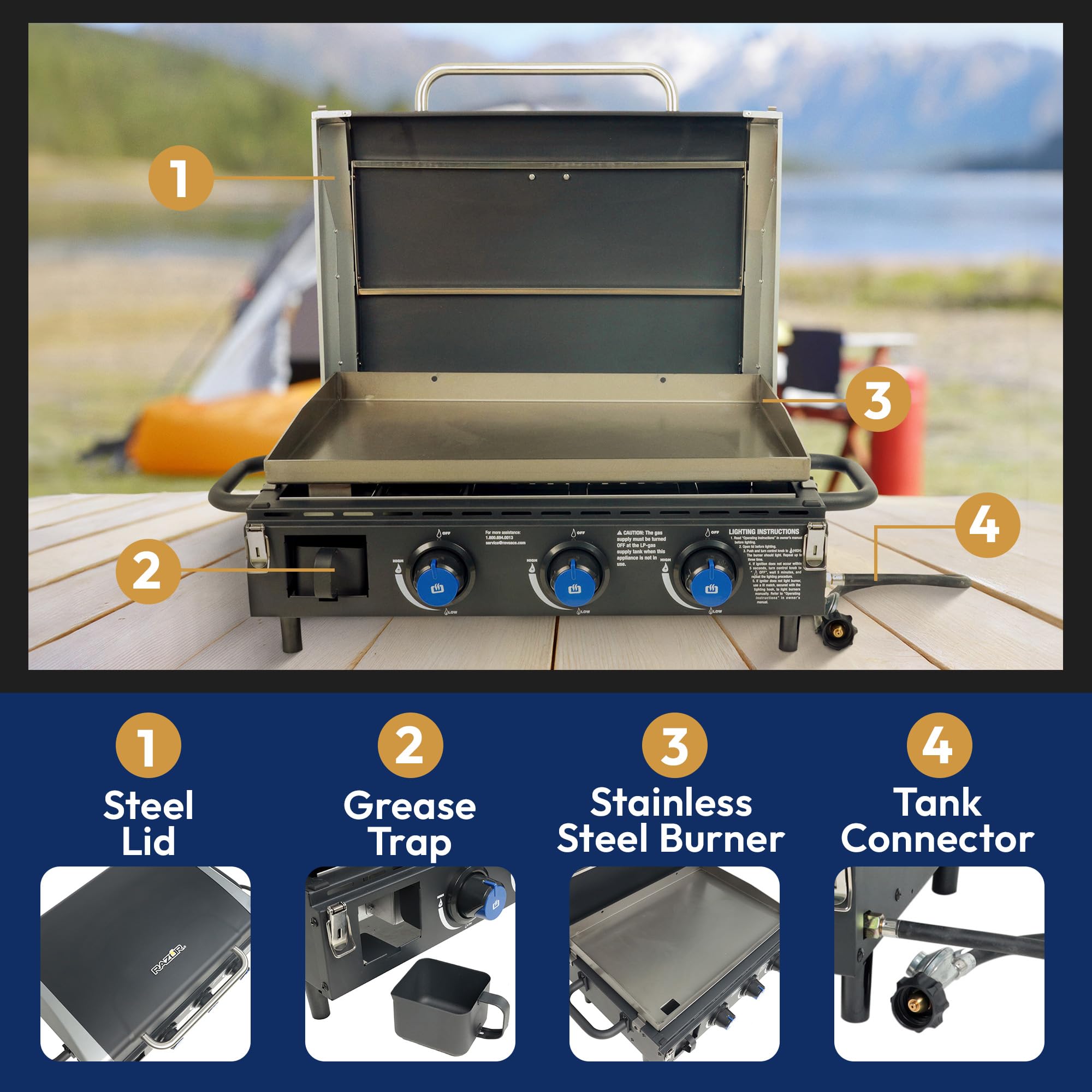 Razor Universal Rolling Prep Cart with Shelves and Storage Drawer for Portable Outdoor Griddle and Grills, Accessory Only, Black