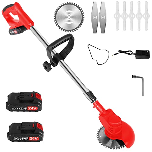 Weed Wacker Cordless Brush Cutter with 3Type Blades, 650W Cordless Weed Eater, Stringless Grass Trimmer for Lawn Garden Pruning. (Red)